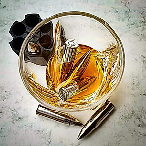 WHISKEY STONES EXTRA LARGE 6 PCS. STAINLESS STEEL SILVER BULLETS with Revolver Barrel Base Laser Engraved Ice Cubes Chillers Reusable Chilling Rocks Stone Gift Set for Men Father's Day Military Man.