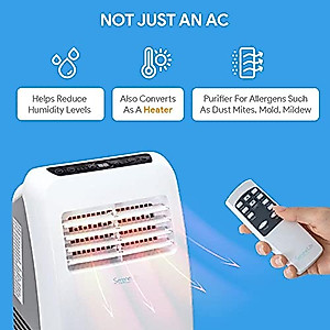 SereneLife SLACHT128 SLPAC 3-in-1 Portable Air Conditioner with Built-in Dehumidifier Function,Fan Mode, Remote Control, Complete Window Mount Exhaust Kit, 12,000 BTU + HEAT, White