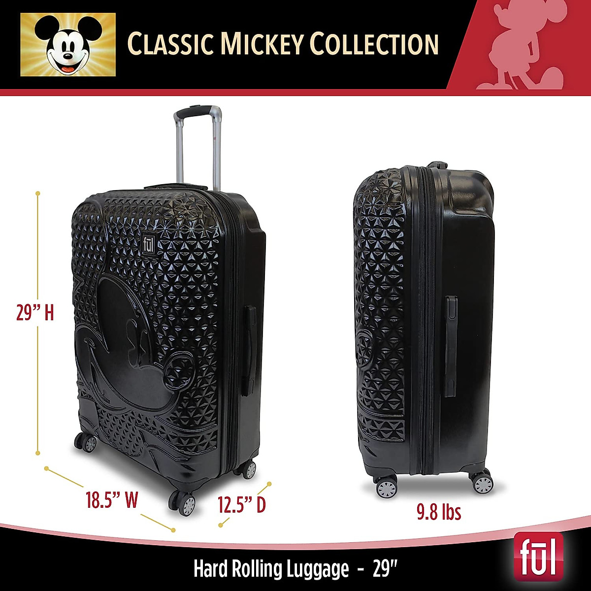FUL Disney Mickey Mouse Rolling Luggage, Hardside Suitcase with Spinner Wheels, Black, 29 Inch