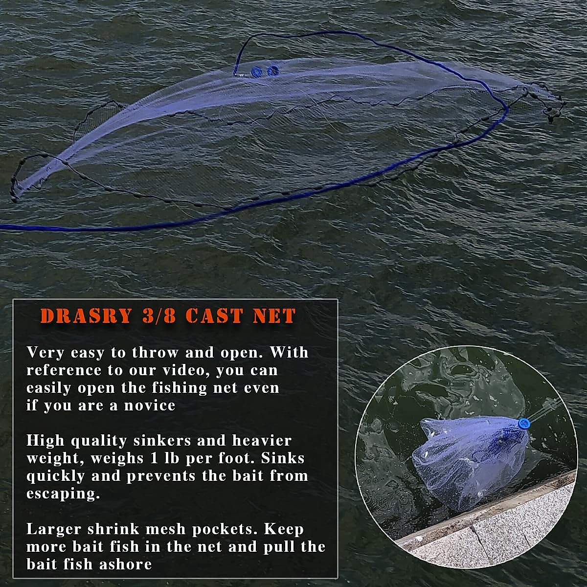 Drasry Saltwater Fishing Cast Net 3/8 and 1/4 Mesh with Heavy Duty Gray Sinker American Monofilament Fish Throw Net for Bait Trap 3FT 4FT 5FT 6FT 7FT 8FT 9FT Radius 3/8, 3FT Radius /90cm