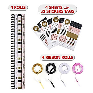 Packanewly Wrapping Paper Roll Set with Cutline on Reverse for All Occasion - Pink Gold White, Black Stripe, Fruit Pineapple Gift Wrap paper Bundle(4 Pack, 100 sq. ft. ttl.) - 30 x 120 Inch Each Roll