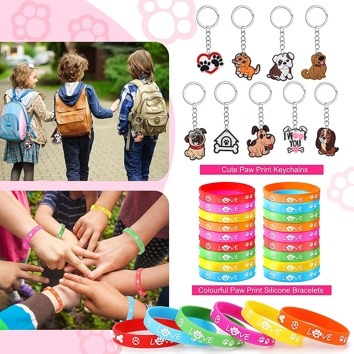 Gejoy 178 Pcs Dog Paw Party Favors Set Includes Paw Straws Cups Silicone Bracelet Keychain Stamper Sticker Pendant Chain Thank You Tag for Boy Girl Dog Paw Theme Party Supplies (Puppy, Paw)