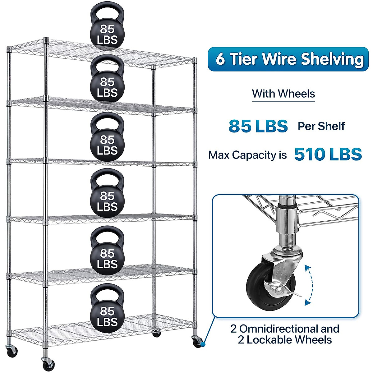 6 Tier Wire Shelving Unit Metal Storage Shelves w/Wheels, 350 Capacity Per Shelf, Heavy Duty Steel Garage Shelf, 48" L X 18" W X 82" H Pantry Kitchen Closet Racks