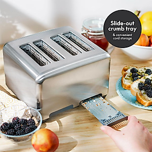 BELLA 4 Slice Toaster with Auto Shut Off - Extra Wide Slots and Removable Drop-Down Crumb Tray with Cancel and Reheat Function - For Texas Toast, Large Bread & Bagel, Stainless Steel