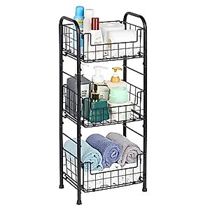 HEOMU Metal Bathroom Shelf Unit, 3 Tier Standing Shower Organizer Caddie with Three Tier Storage Shelving Bathroom Organizer Bins Holds Bath Towels, Soap, Shampoo and Toiletries(Black)