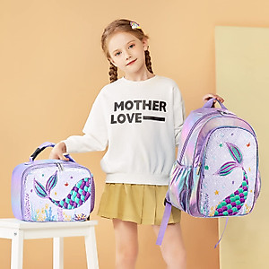 WAWSAM Mermaid Kids Backpack - Sparkly Sequins Backpack for Girls Purple School Bag Personalized 15” Backpack for School Elementary Travel Casual Book Bag for Christmas Birthday Back to School Gift