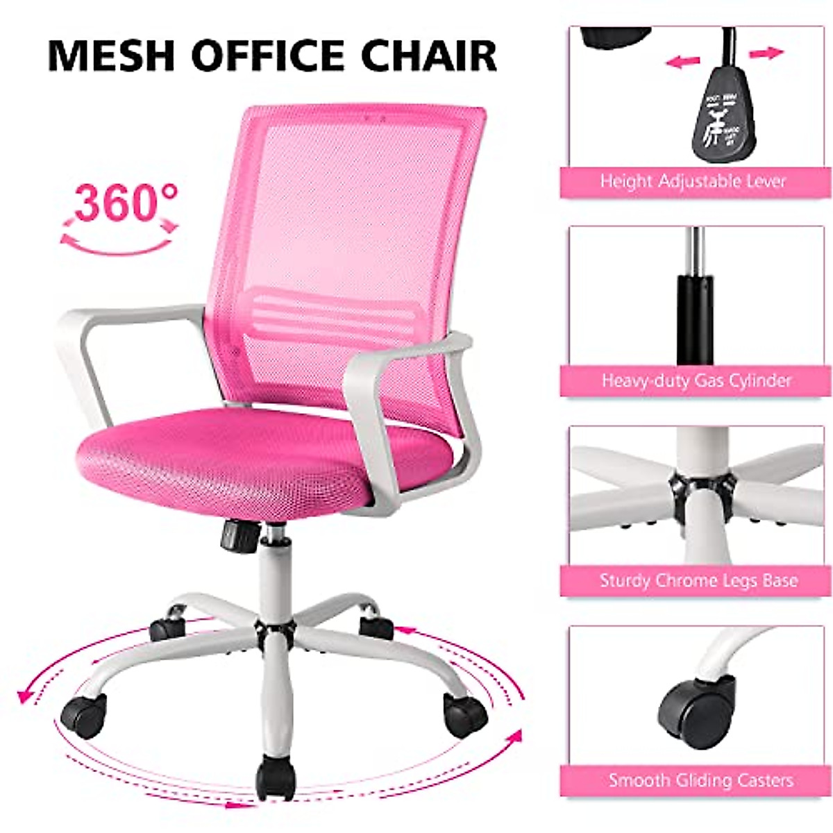 Desk Chair, Office Chair Mesh, Ergonomic Home Office Desk Chair Swivel Adjustable Task Chair Computer Chairs Mid Back with Rolling Wheels and Armrests, Pink