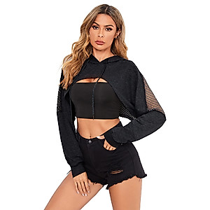 Verdusa Women's Sheer Fishnet Drop Shoulder Drawstring Hoodie Crop Sweatshirt Black L
