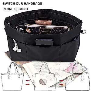 Time Wing Handbag Tote Purse Organizer Insert Bag Liner Shaper Divider Zipper 11 Pockets Compartments Medium Black