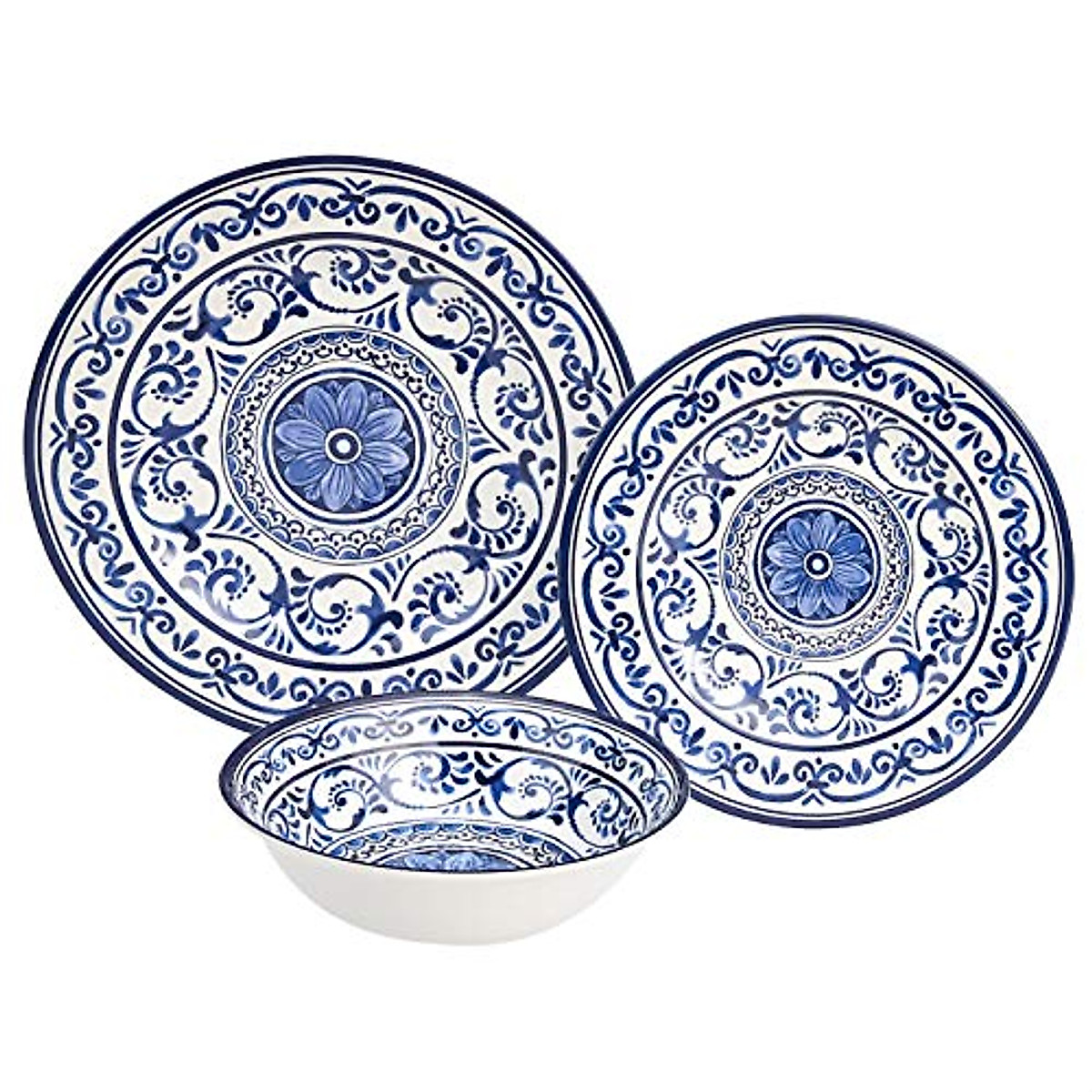 Amazon Basics Melamine Dinnerware Set, Service for 4, Traditional Blue and White - Set of 12