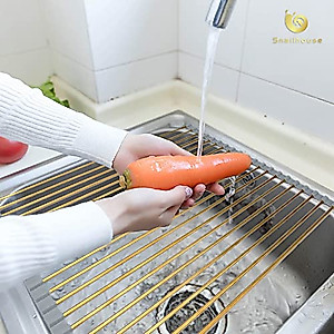 Snailhouse Roll Up Dish Drying Rack, Stainless Steel Dish Drainer Over The Sink with Anti-Slip Silicone for Kitchen Counter, Gold (17.8 x 11.8 in)