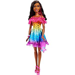 Barbie Large Doll with Dark Brown Hair, 28 Inches Tall, Rainbow Dress and Styling Accessories Including Shooting Star Handbag