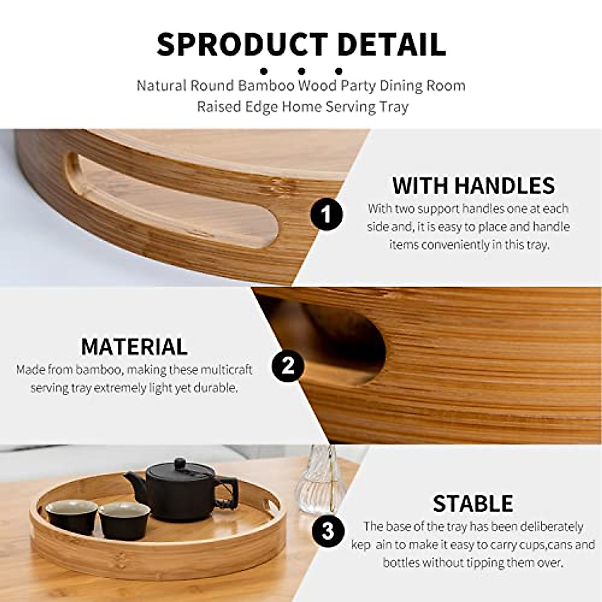 Bamboo Wood Round Tray w/Handles, Tea & Coffee Table Decorative Serving Tray Food Storage Platters for Serving Beverages & Food on Bar Living Room Home Dining Table (C - 35 cm/ 13.78 inch)