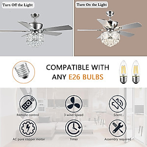 Tropwellhouse 52Inch Crystal Ceiling Fan with Lights 3 Speed Remote Control Elegant Crystal 5 Wood Blades Chrome Ceiling Fan Decoration Home