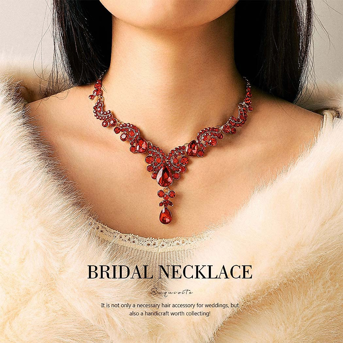 Unicra Bride Wedding Jewelry Sets Crystal Bridal Necklace Earrings Set Rhinestone Choker Necklace Prom Costume Jewelry for Women and Brides (Red)