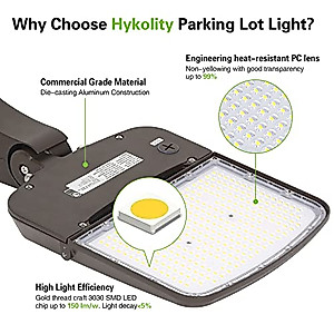 hykolity 150W/200W Switchable LED Parking Lot Light, 150LM/W LED Street Lighting with Dusk to Dawn Photocell [400W-600W HPS Equiv.] 5000K 100-277V, Commercial Adjustable Arm Mount LED Shoebox Light