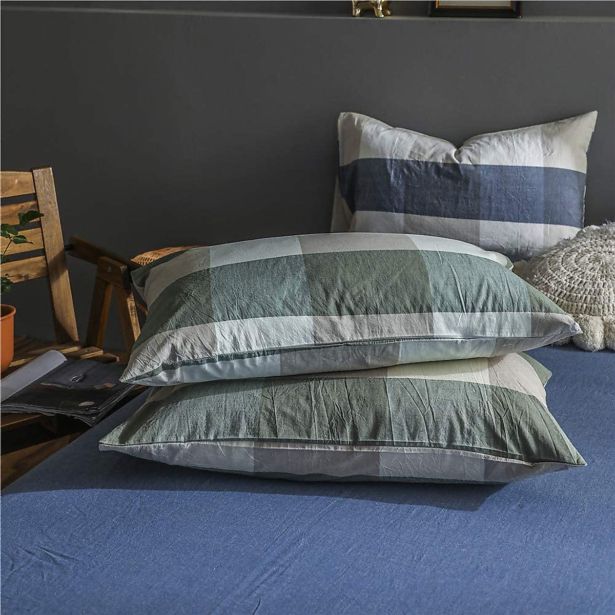 NSNLGSGC Twin 100% Washed Cotton Duvet Cover Set Green - Kids Buffalo Plaid Linen Feel Bedding Set,Durable & Breathable Comforter Cover Set(2PCS, Twin)