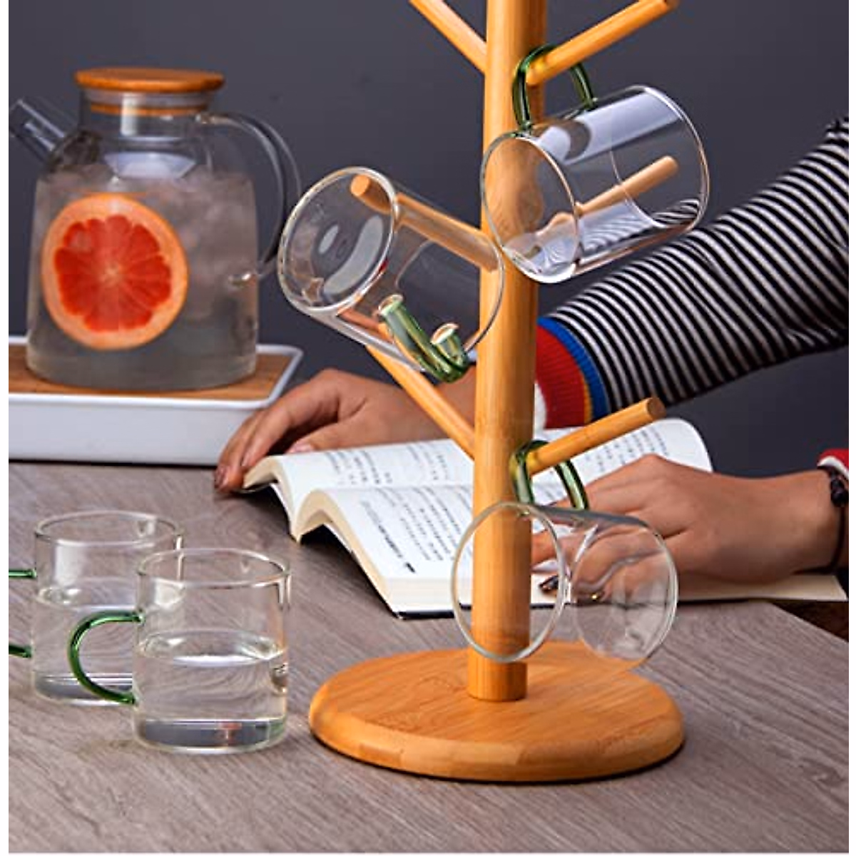 Bamboo Mug Holder Tree，Coffee Cup Holder，Countertop Mug Tree with 6 Hooks，Mug Rack for Counter Stand Coffee Counter Bar Accessory