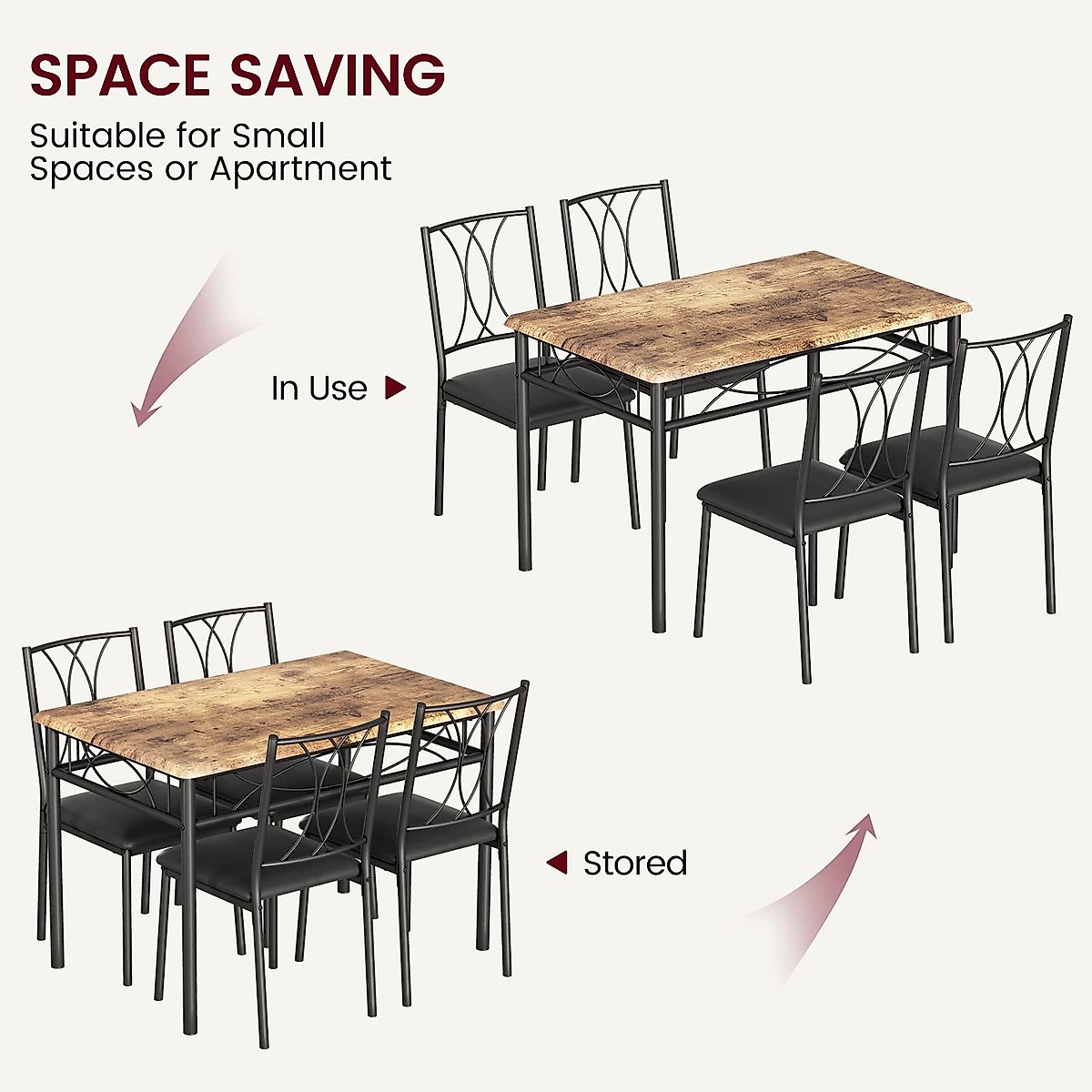 IDEALHOUSE Dining Table Set for 4, Kitchen Table and Chairs, Rectangular Dining Room Table Set with 4 Upholstered Chairs, 5 Piece Dining Table Set for Small Space, Apartment, Rustic Brown