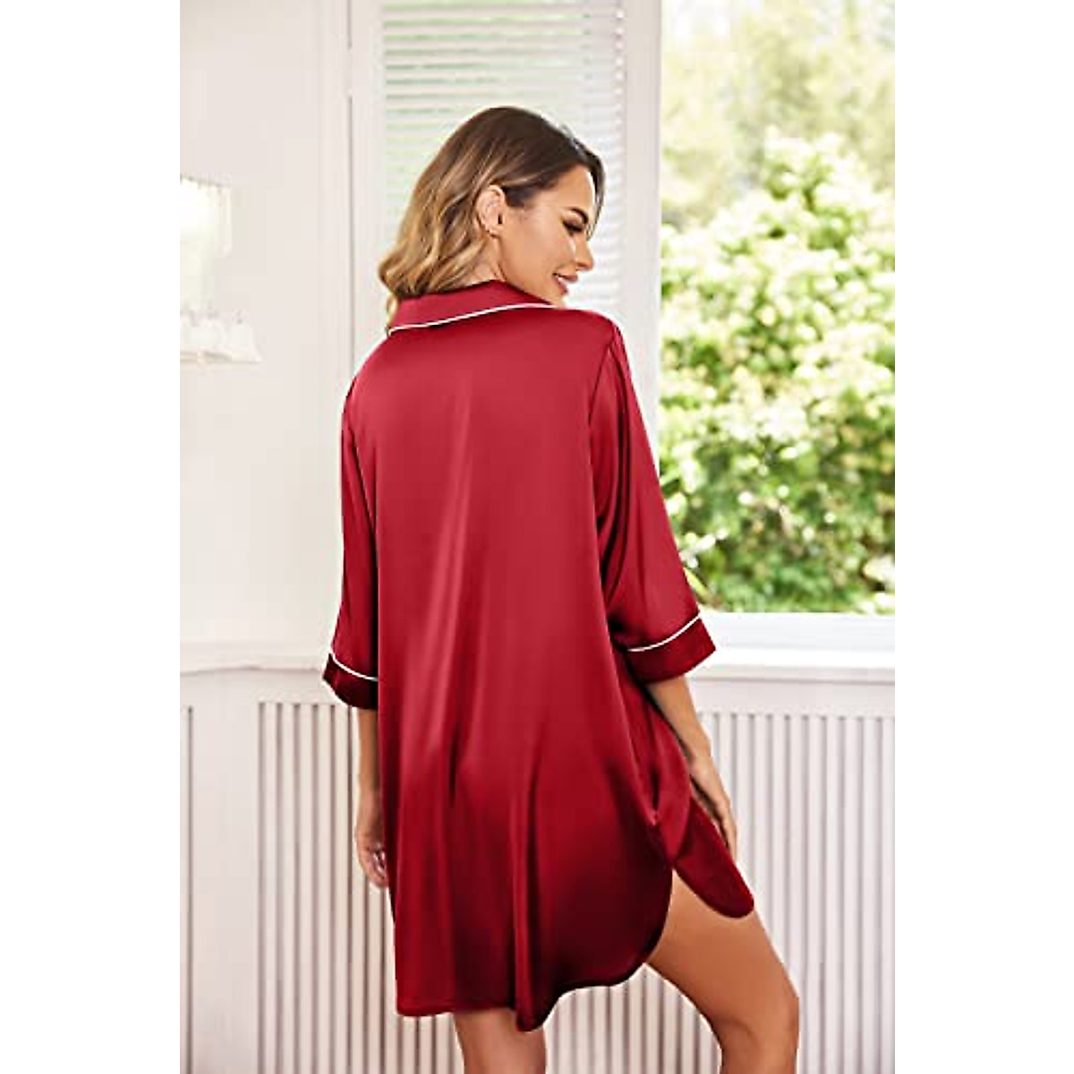 Ekouaer Sexy V Neck Satin Nightgowns Silk 3/4 Sleeve Sleepshirt Button Down Boyfriend Nightshirt Bridesmaid Sleepwear Wine Red L