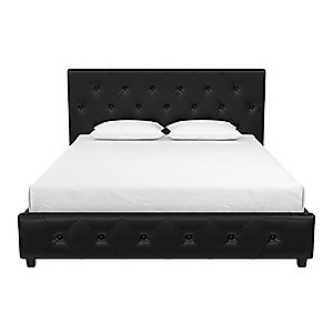 DHP Dakota Upholstered Platform Bed with Diamond Button Tufted Headboard and Footboard, No Box Spring Needed, Queen, Black Faux Leather