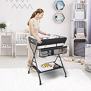 INFANS Baby Changing Table, Folding Diaper Station Portable Nursery Organizer with Safety Belt and Large Storage Racks for Newborn Baby and Infant (Black)