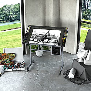 ZENY Adjustable Drafting Table, Glass Art Table Artist Drawing Desk Craft Table, Tilting Draft Table Desk on Wheels