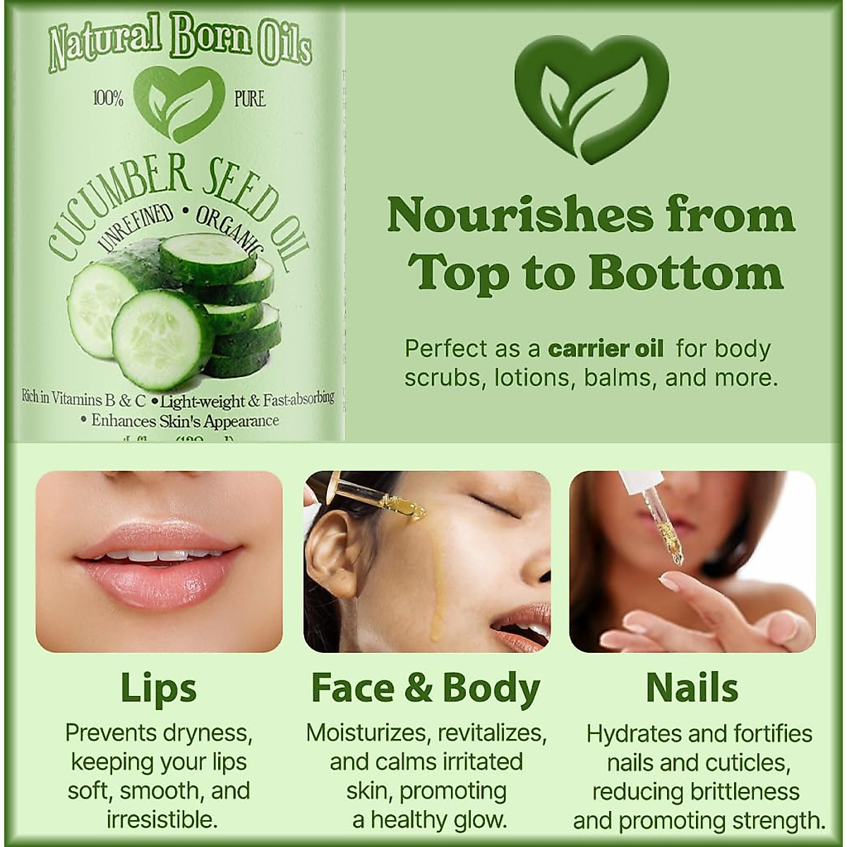 Natural Born Oils Cucumber Seed Oil. 4oz. 100% Pure and Natural, Organic, Cold-pressed, Unrefined, Moisturizer for Skin and Hair