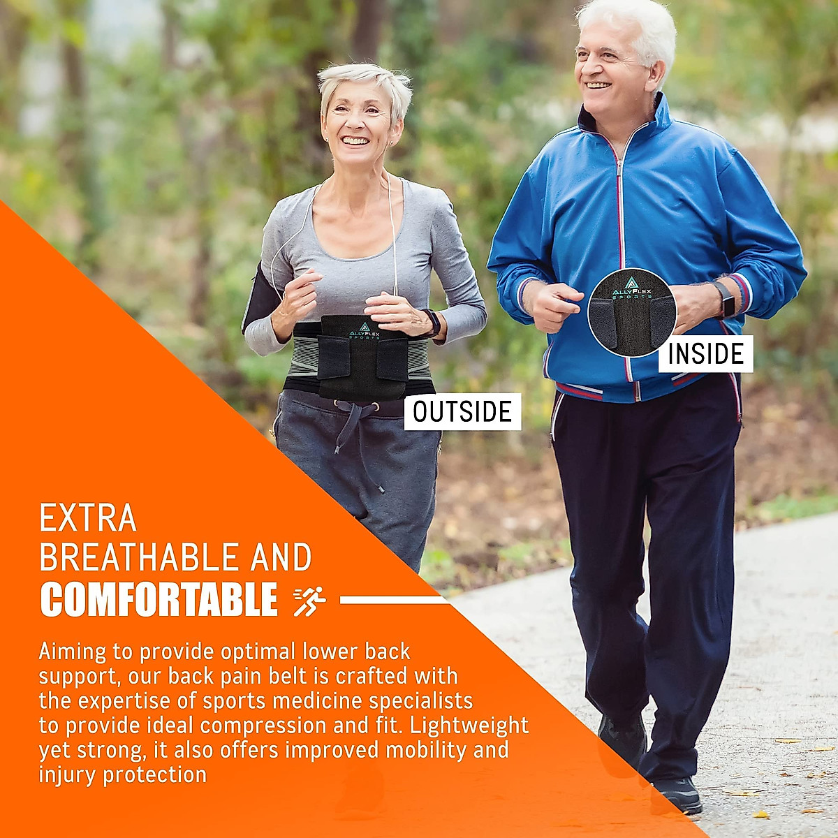 AllyFlex Sports® - Lumbar Support Belt for Women for Back Pain, Slim-Fit Back Brace for Men, Breathable Compression Back Support Brace, 41.5 inches, Medium/Large