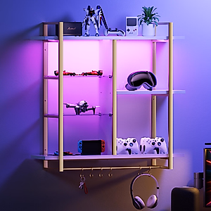 BELLEZE Gaming Floating Shelves, 40" LED Display Shelves Wall Mounted 4 Tier Storage Rack, Wooden Hanging Shelf with 6 Hooks, Wine Coffee Bar Rack for Kitchen Organization and Home Decor