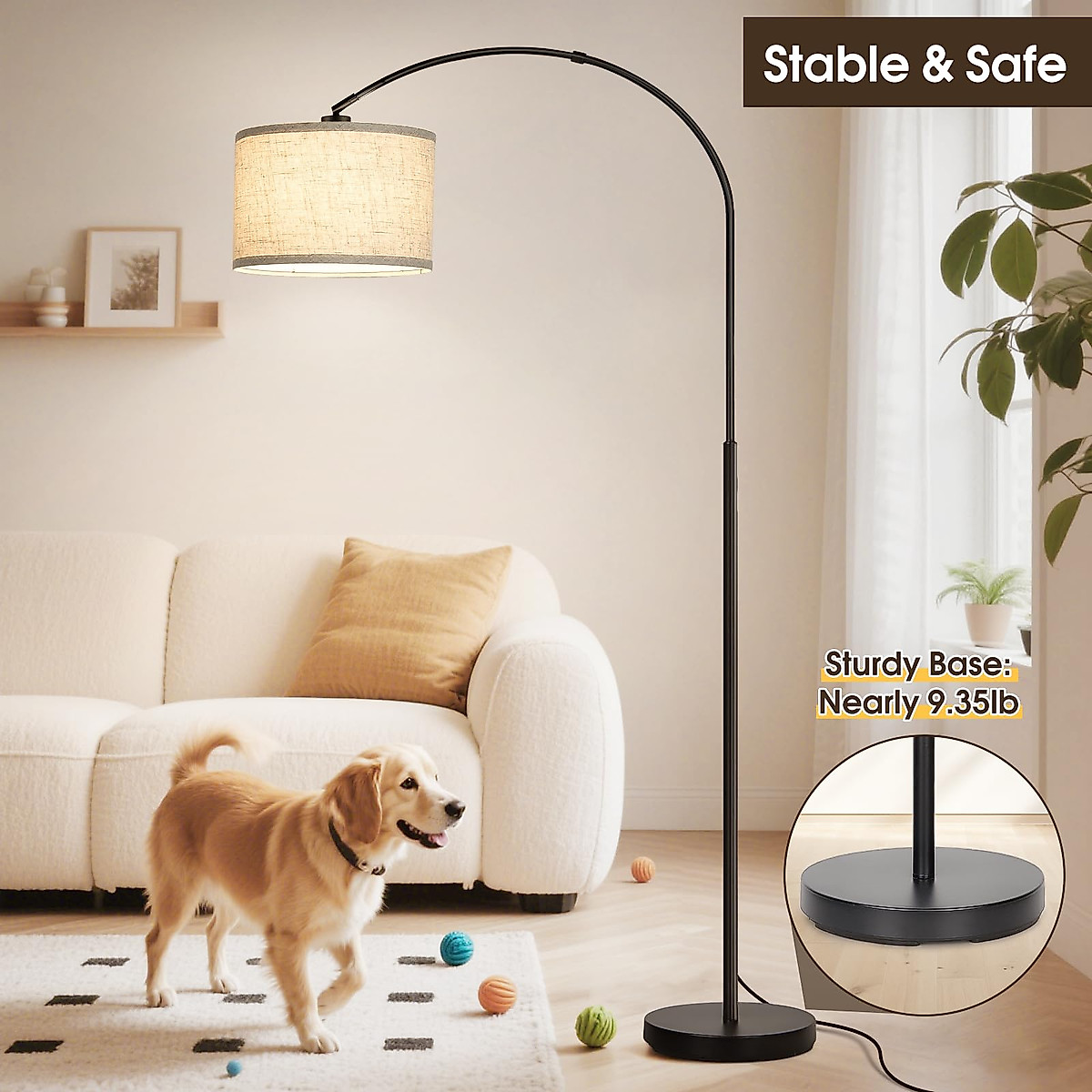 Dimmable Floor Lamp, Arc Floor Lamp with Dimmer, Black Standing Lamp with Adjustable Hanging Shade, Over Couch Tall Reading Light, Modern Pole Lamp for Living Room Bedroom, 8W LED Bulb Included