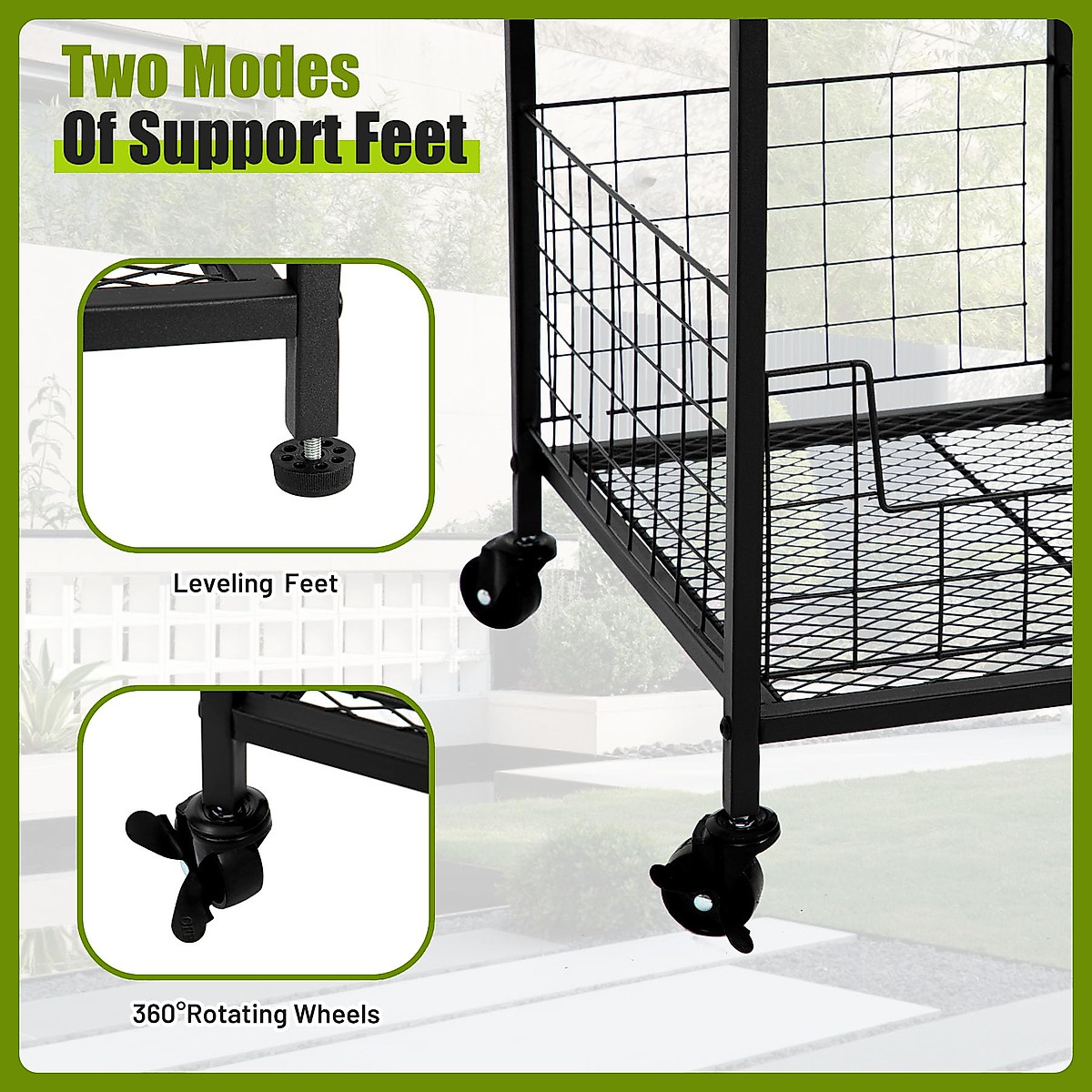 biosp 3-Tier Garden Tool Organizer for Garage, Utility Yard Tool Stand Holder Shelves with Wheels, Heavy duty Shed Tool Storage Rack with Multiple Hooks & Basket, Up to 18 Long-Handled Tools, Black