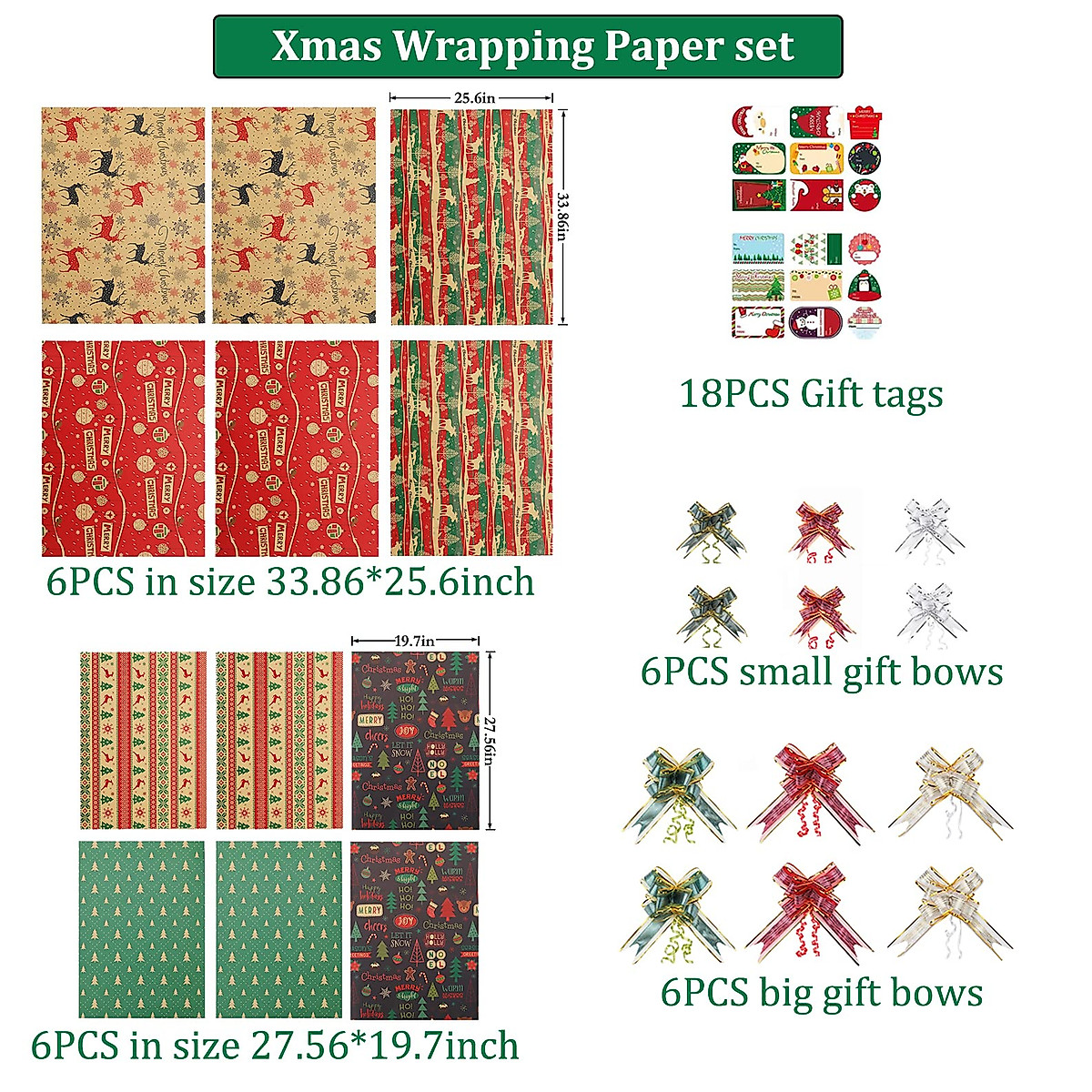 PintreeLand 12 Sheets Christmas Wrapping Paper Set(6 Large&6 Small, 59 Sq. Ft. Ttl) with 12PCS Gift Bows and Labels - Vintage Red Green Xmas Holiday Kraft Present Wrap Paper