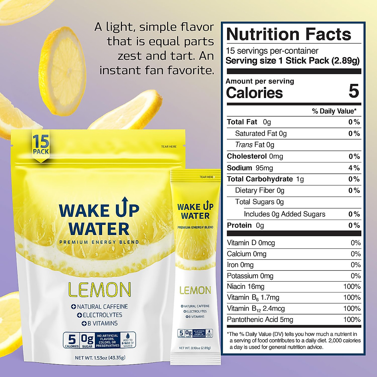 Wake Up Water - Energy + Hydration Sugar Free 15 Packet, Lemon Flavor - Energy Drink Powder, Electrolytes Powder Drink, Natural Caffeine Mix Packet, B Vitamins, 5 Calories, Gluten Free - .10 oz (2.9g)
