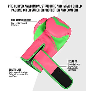 Exxact Sports Knockout Youth Boxing Gloves for Kids (3-15 Years) with Padded Protection and Wrist Support, Durable Engineered Leather Kids Boxing Gloves for Sparring (Pink/Green, 4 OZ)