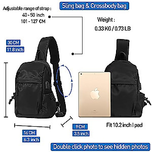 Small Black Sling Crossbody Backpack Shoulder Bag for Men Women, Waterproof Lightweight One Strap Backpack Sling Bag Backpack for Hiking Walking Biking Travel Cycling USB Charger Port-Nylon