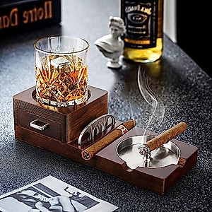 Grovind Cigar Ashtrays, Whiskey Glass Tray and Wooden Ash Tray Detachable Outdoor Ashtray for Cigarettes, Cigar Accessories Gift Set with Cigar Cutter, Great Decor for Home Office Cigar Gifts for Men