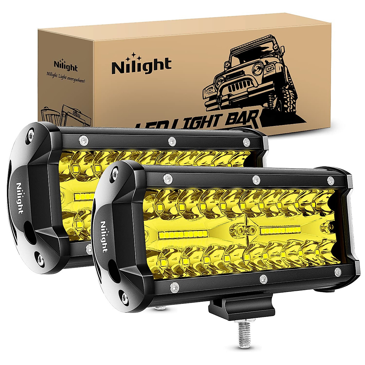 Nilight LED Pods 2Pcs 6.5 Inch 120W Yellow Flood Spot Combo Triple Row Driving Lamp Roof Bumper Off Road LED Work Lights Bar for Van Camper Wagon Car Pickup Golf Cart ATV UTV SUV Truck Boat 4x4