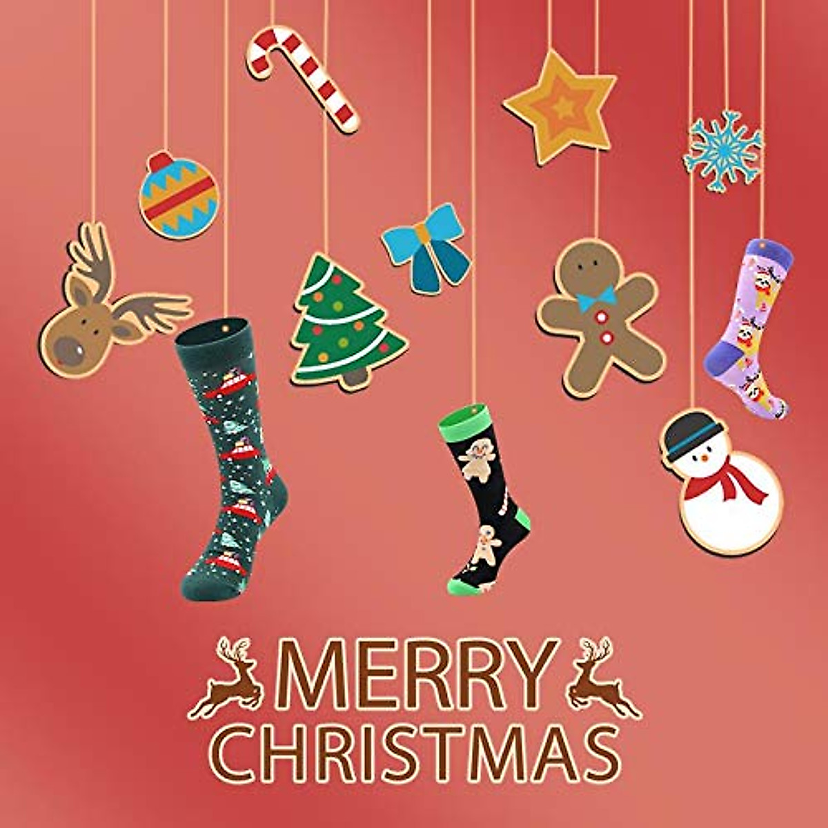 BONANGEL Christmas Socks for Men Women,Fun Cute Socks with Santas Reindeer Gingerbread Candy Pattern,Xmas Novelty Socks