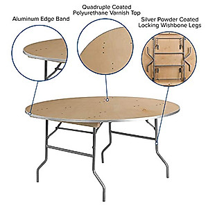 Flash Furniture 5-Foot Round HEAVY DUTY Birchwood Folding Banquet Table with METAL Edges
