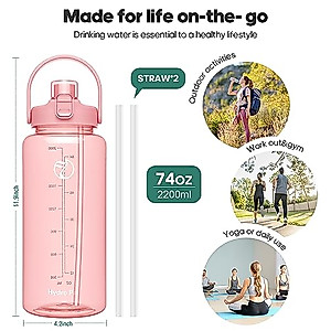 Unistar Half Gallon Water Bottles with 2 Straws, Motivational Gallon Water Bottles with Time Marker, 32 oz / 74 oz / 128 oz Large Bottle for Sports Fitness Gym Camping