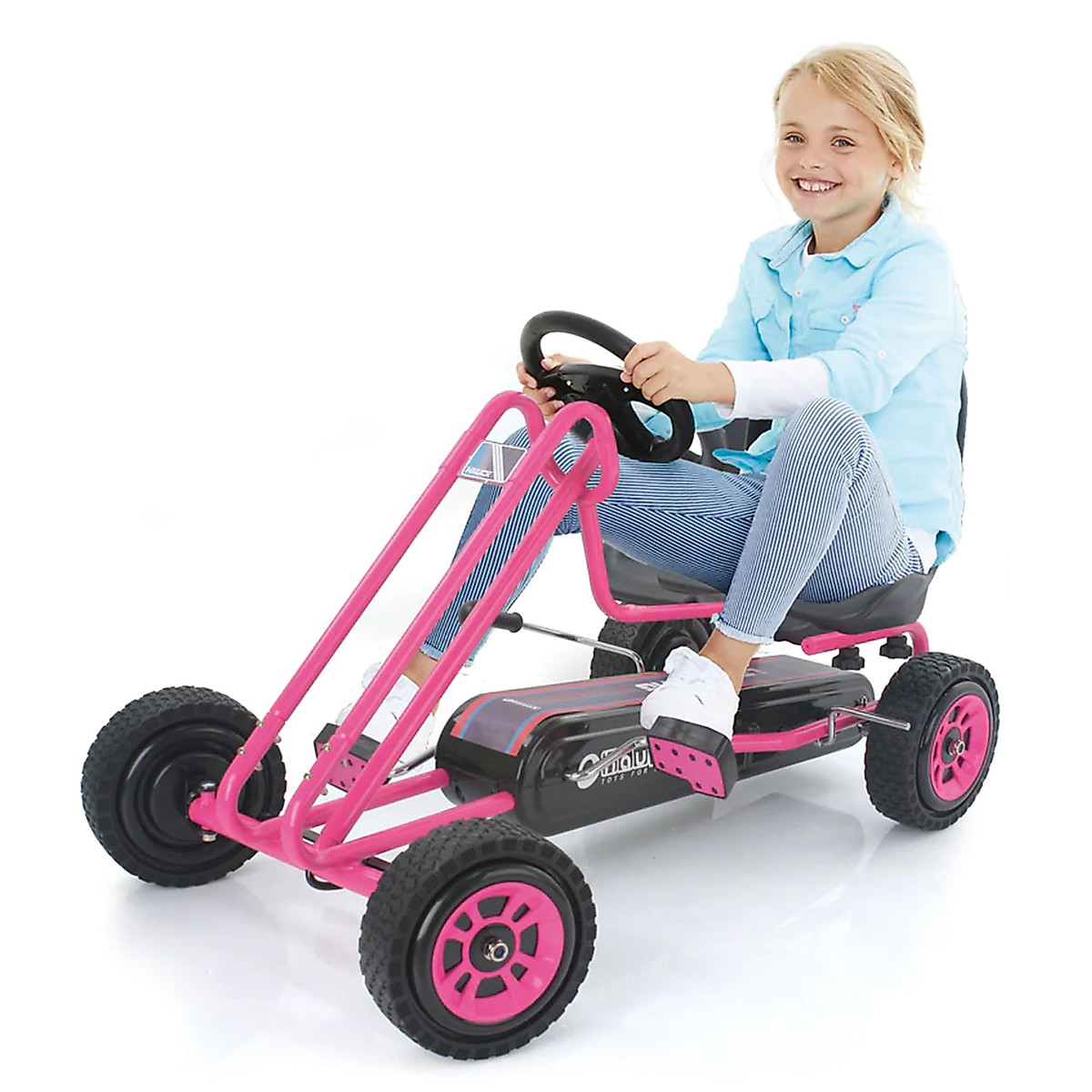 hauck Lightning Ride On Pedal Go Kart Toy with Ergonomic Adjustable Bucket Seat, Handbrake, and Sharp Handling for Boys and Girls, Pink
