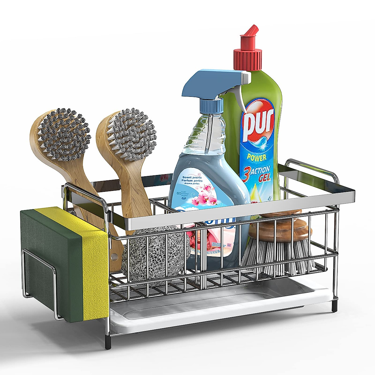 FavoThings Multifunctional Sponge Holder Kitchen Sink Caddy SUS304 Stainless Steel Kitchen Sink Accessories with Removable Drain Tray for Sponge, Dish Brush, Soap, Scrubber, Dishcloth, Silver