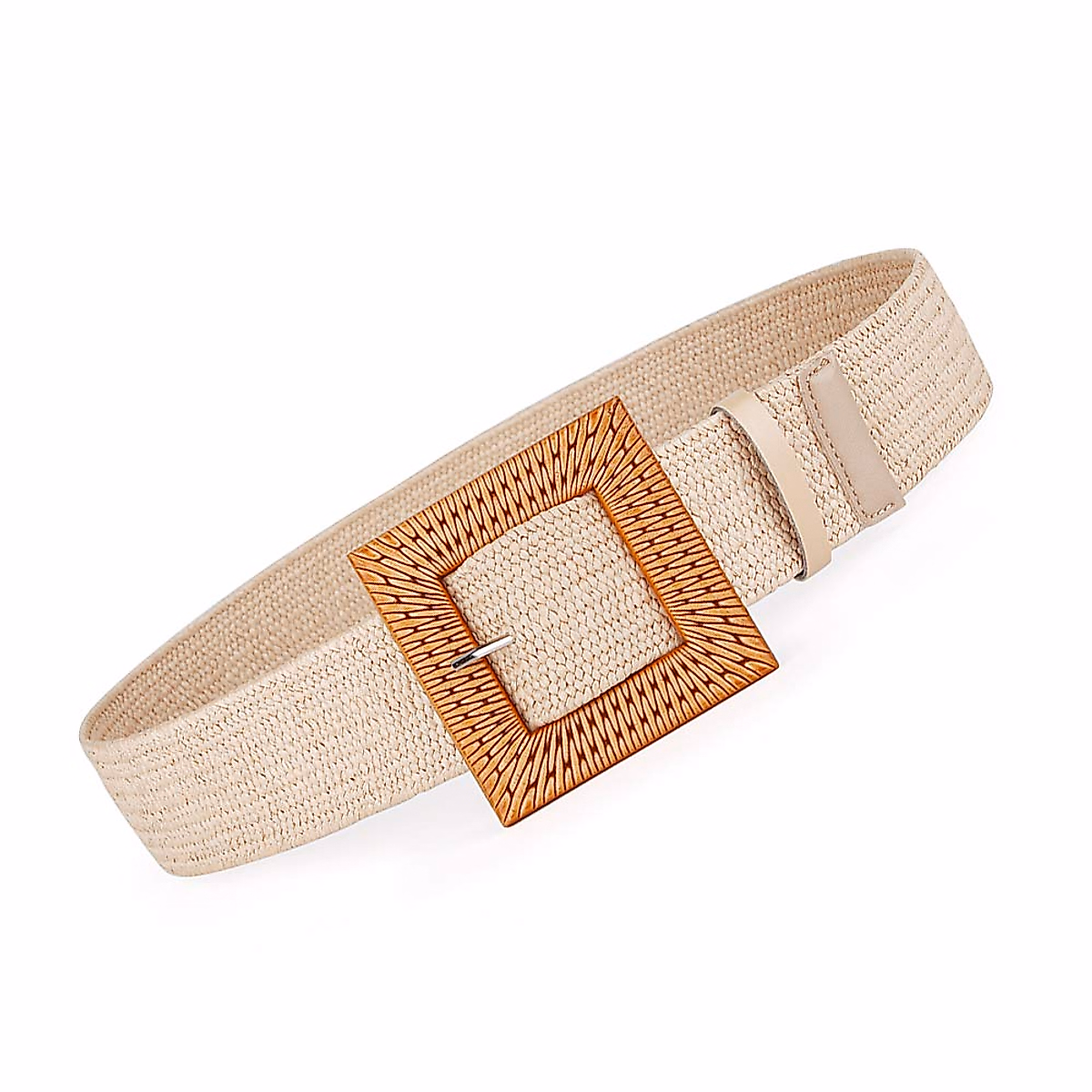 Women Belts For Dresses, Elastic Straw Rattan Waist Band With Large Buckle