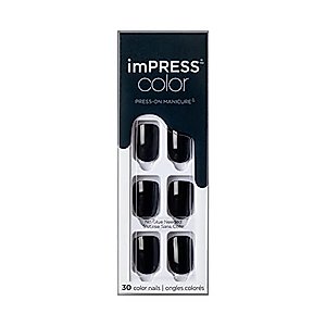 KISS imPRESS Color Press-On Nails, Gel Nail Kit, PureFit Technology, Short Length, “All Black”, Polish-Free Solid Color Manicure, Includes Prep Pad, Mini Nail File, Cuticle Stick, and 30 Fake Nails