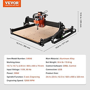 VEVOR CNC Router Machine, 300W, 3 Axis GRBL Control Wood Engraving Carving Milling Machine Kit, 400 x 400 x 75 mm / 15.7 x 15.7 x 2.95 in Working Area 12000 RPM for Wood Acrylic MDF PVC Plastic Foam
