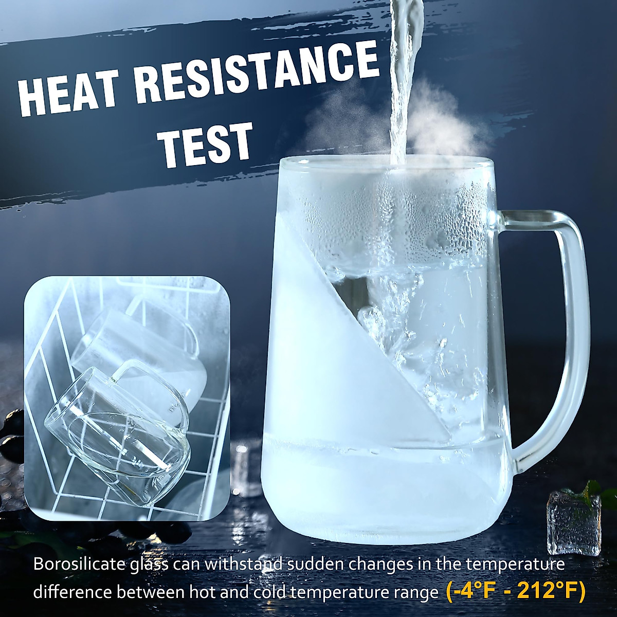 Convend Beer Mugs For Freezer,Double Wall Clear Borosilicate Glass Beer Mug with Handle,Ice Cup for Beer,Milk and Juice-16 Oz Capacity, Set of 2