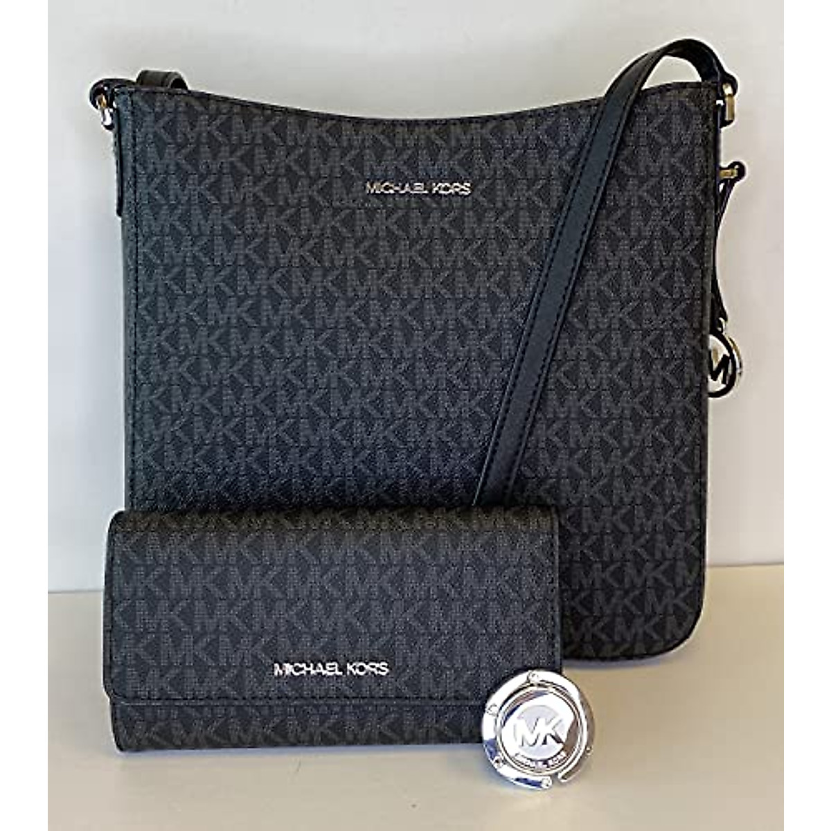 Michael Kors MICHAEL Michael Kors Jet Set Travel Large Messenger Crossbody bundle with Trifold Wallet Purse Hook (Signature MK Black)