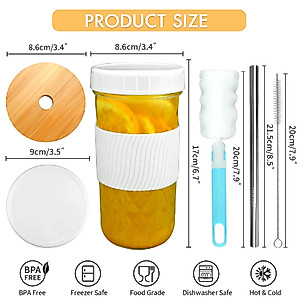 [ 4 Pack ] Glass Cups Set - 22oz Wide Mouth Mason Jar Drinking Glasses with Bamboo Lids & Straws & 4 Airtight Lids, Boba Cup Bubble Tea Cup, Smoothie Cups Tumbler for Pearl Milk Tea,Iced Coffee,Juice
