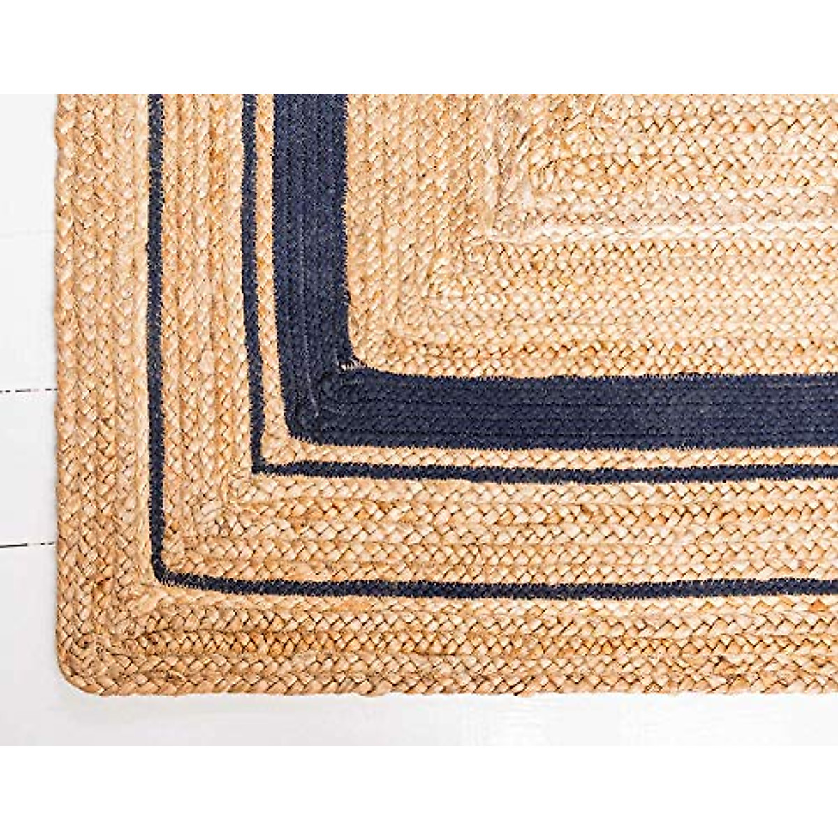 Unique Loom Braided Jute Collection Classic Quality Made Hand Woven with Coastal Design Area Rug, 6 ft x 9 ft, Natural/Navy Blue